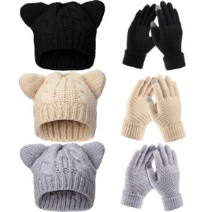 toulite 3 sets winter beanie hat gloves set cute warm skull cap touchscreen gloves set cat beanie knitted hat touch screen knit gloves for women girls halloween multicolor