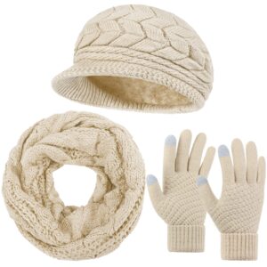 uratot 3 pieces women winter hat scarf glove set warm skull beanie hat with visor knitted touch screen glove scarf 3 in 1 set