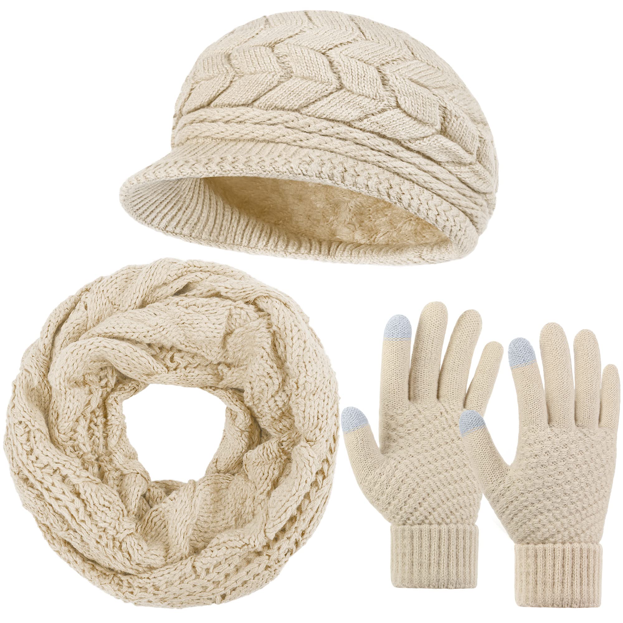 URATOT 3 Pieces Women Winter Hat Scarf Glove Set Warm Skull Beanie Hat with Visor Knitted Touch Screen Glove Scarf 3 In 1 Set