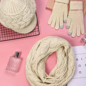 URATOT 3 Pieces Women Winter Hat Scarf Glove Set Warm Skull Beanie Hat with Visor Knitted Touch Screen Glove Scarf 3 In 1 Set