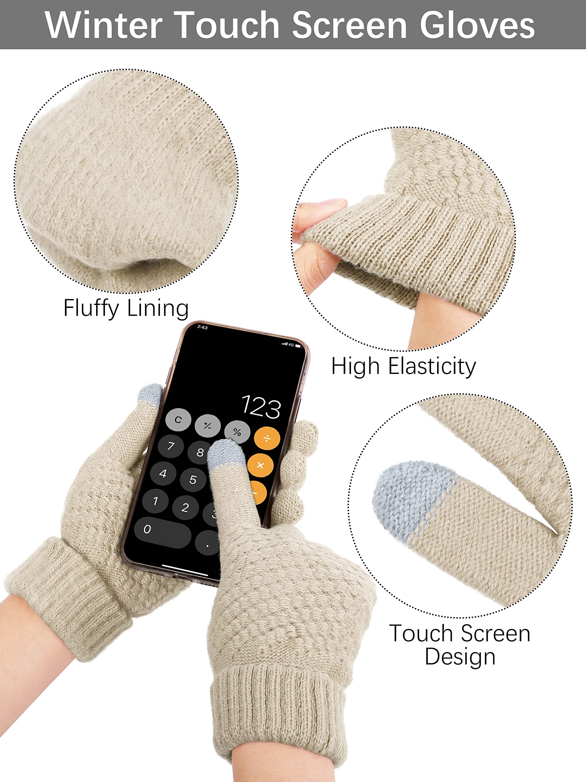 URATOT 3 Pieces Women Winter Hat Scarf Glove Set Warm Skull Beanie Hat with Visor Knitted Touch Screen Glove Scarf 3 In 1 Set