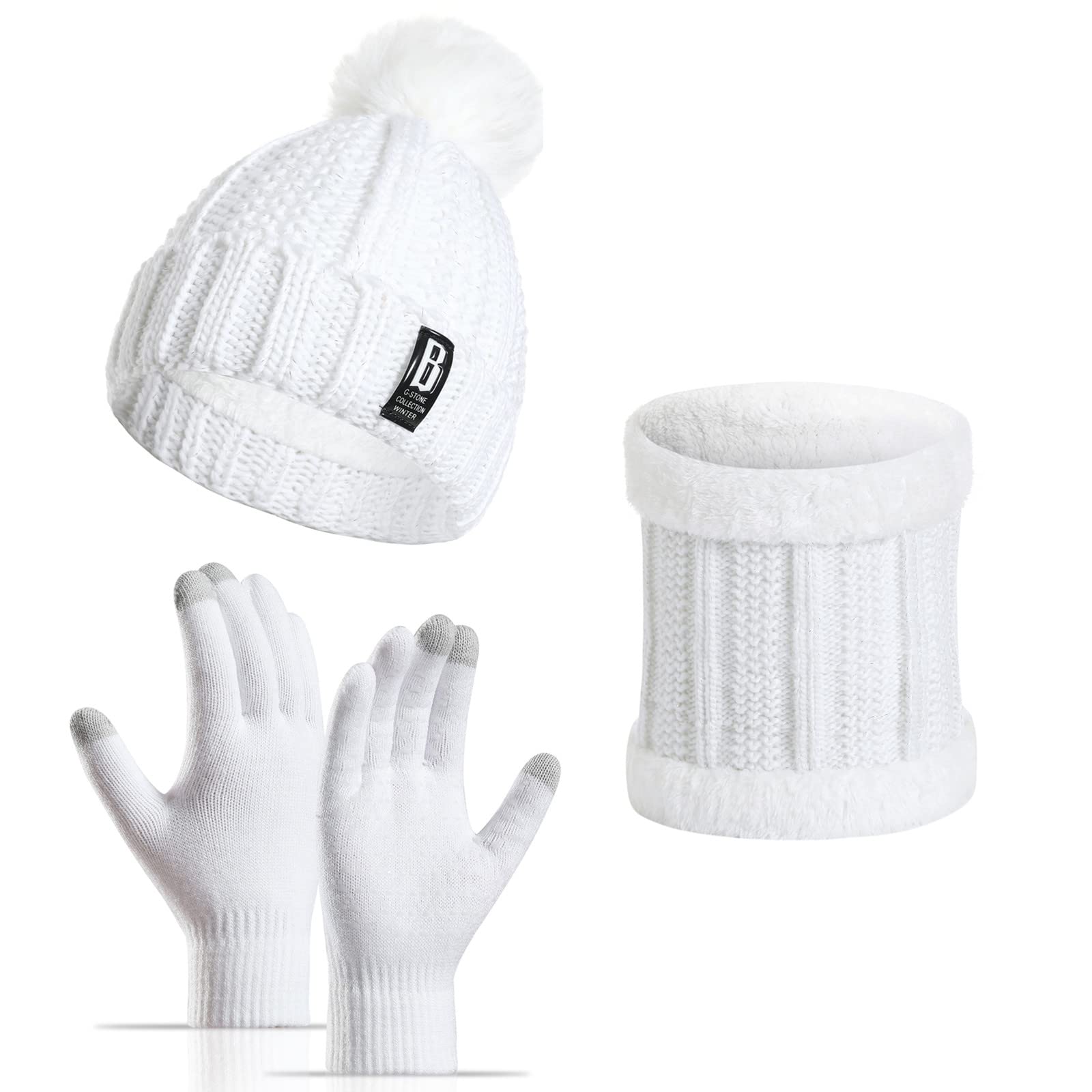 Yvechus Lady Winter Warm Pom Knit Beanie Hat Scarf Gloves Set Touch Screen Slouchy Thick Fleece Lined 3 in 1 Set (Xmas White)