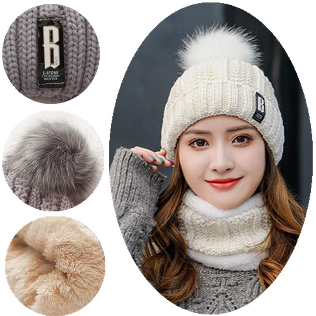 Yvechus Lady Winter Warm Pom Knit Beanie Hat Scarf Gloves Set Touch Screen Slouchy Thick Fleece Lined 3 in 1 Set (Xmas White)