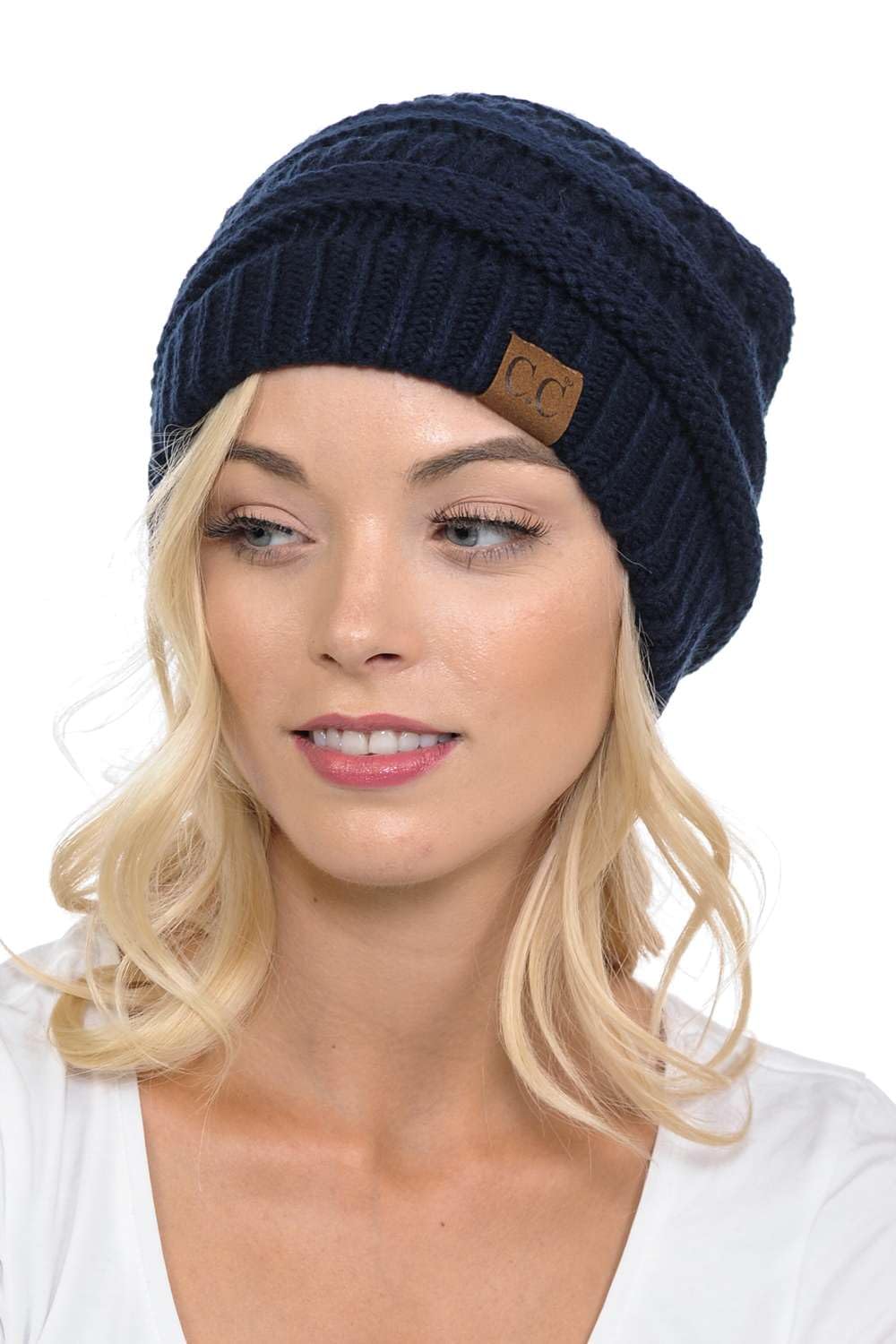 C.C Trendy Warm Chunky Soft Stretch Cable Knit Beanie Skully Navy Blue