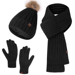 winter beanie hat scarf gloves set for women, womens beanie hat with detachable pom pom scarf neck warmer touchscreen gloves 3 in 1 set（black）