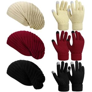 funtery 6 pcs slouchy beanie hats gloves set for women slouchy beanie winter gloves touchscreen chunky knit hats for women