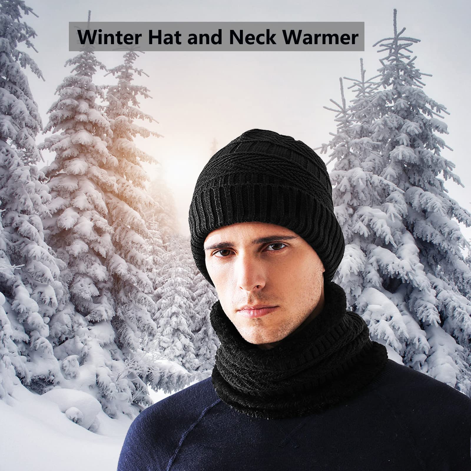 Winter Beanie Hat Scarf Gloves Set for Men, Winter Knit Hat, Neck Warmer, Touchscreen Gloves,Outdoor Earmuffs for Men Women