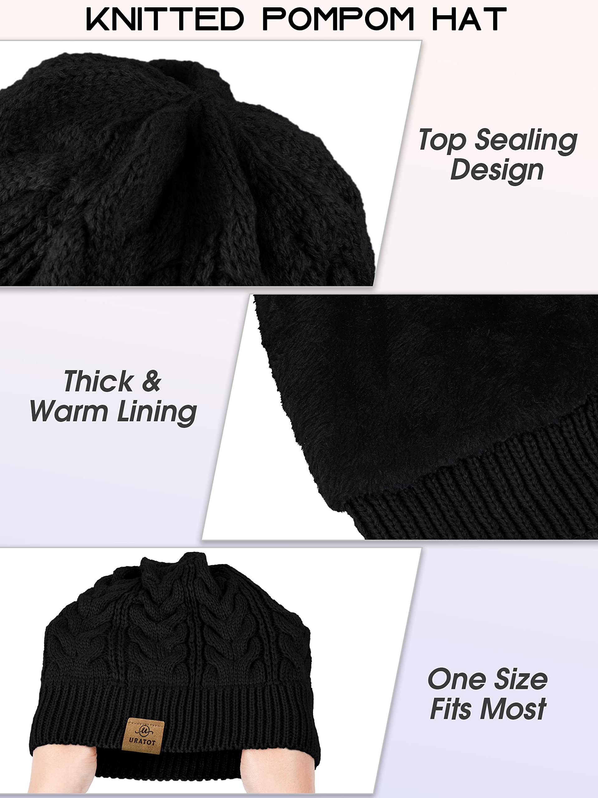 URATOT 4 Pack Winter Knitted Set Thick Knitted Beanie Hat Scarf Gloves Ear Warmer for Men or Women