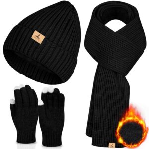 3 pcs winter hat scarf gloves set, soft warm knit beanie hat touchscreen gloves long knitted scarf set winter gifts for men