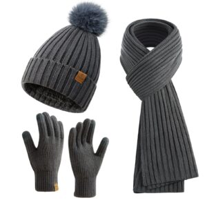 coolprince winter beanie hat scarf gloves set for women with fleece lined womens beanie with pom pom long scarf neck warmer touchscreen gloves for women men dark grey