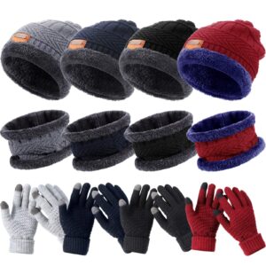 winter beanie hat scarf gloves (dark gray, navy blue, wine red, black,12 pieces)