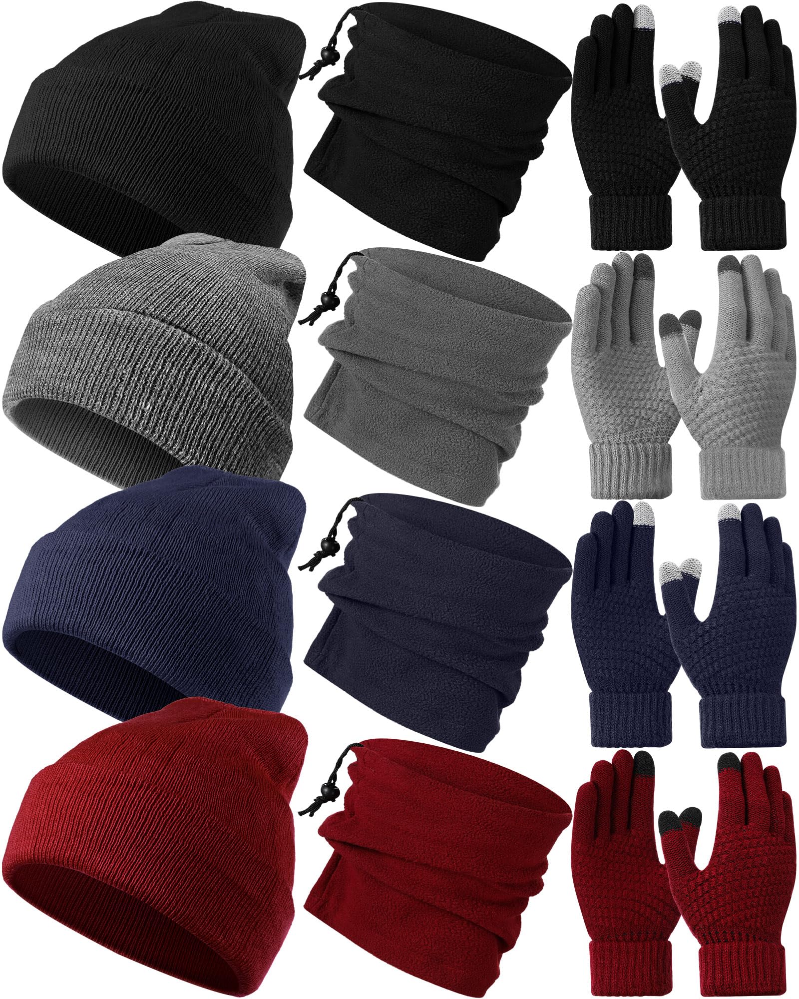 Liitrsh 12 Pcs Winter Beanie Hat Scarf Touchscreen Gloves Set Skull Cap Knit Fleece Neck Warmer Touch Screen Mittens for Women Men (Classic Colors)