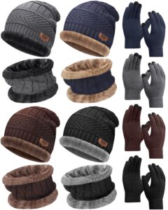 12 pieces winter hat scarf gloves set snow beanie hat knit skull caps touch screen mittens warm neck warmer for men women cold weather skiing, 4 colors