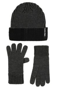 calvin klein men's double wide fisherman rib cuff hat and glove set, gunmetal heather