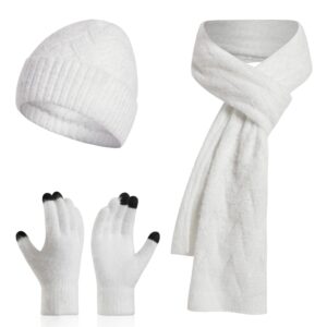 ecodudo women winter beanie hat scarf set touch screen gloves set with pom for women (white)