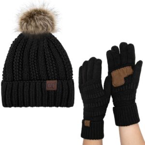 c.c pom cable knit beanie and glove set yj820g20 black