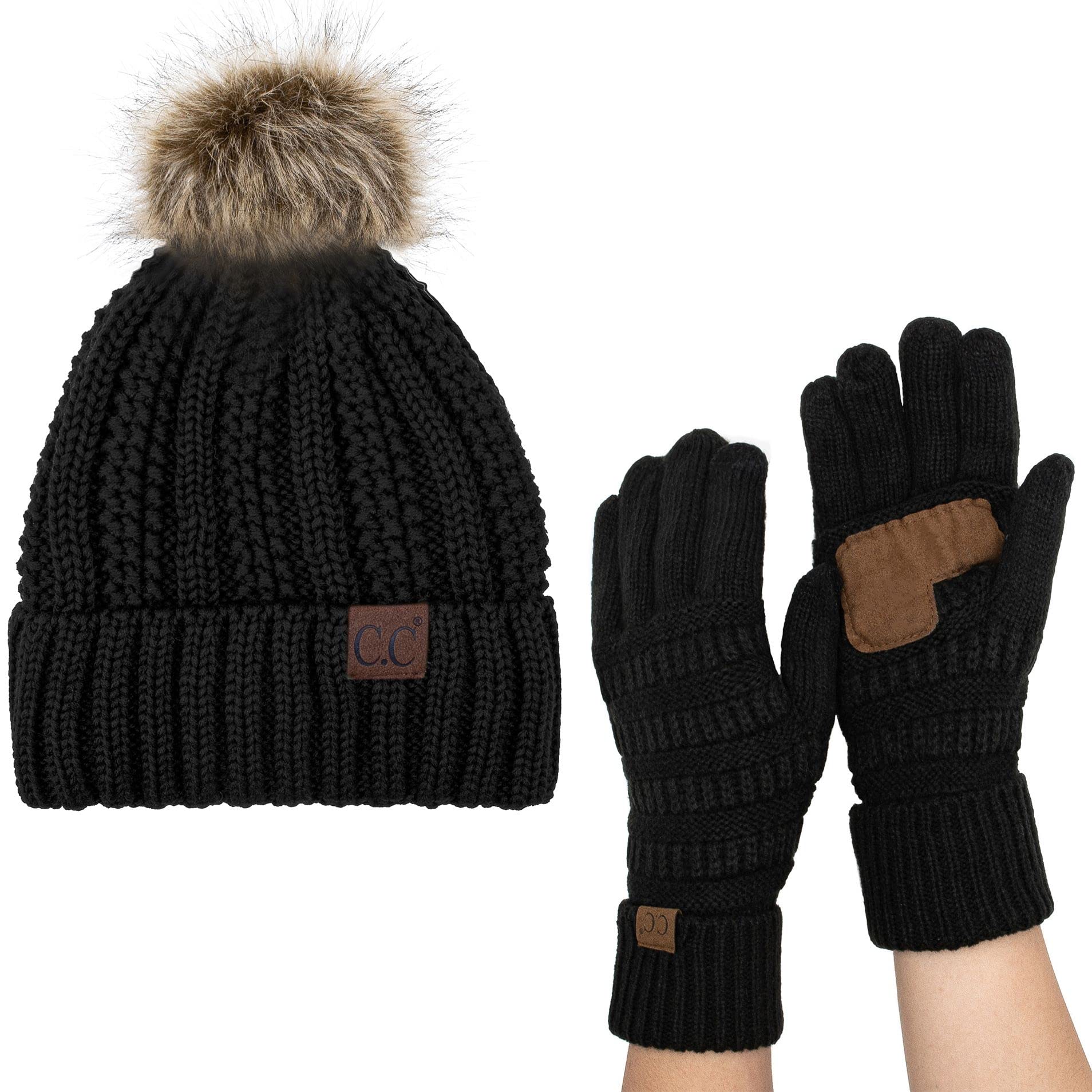 C.C Pom Cable Knit Beanie and Glove Set YJ820G20 Black