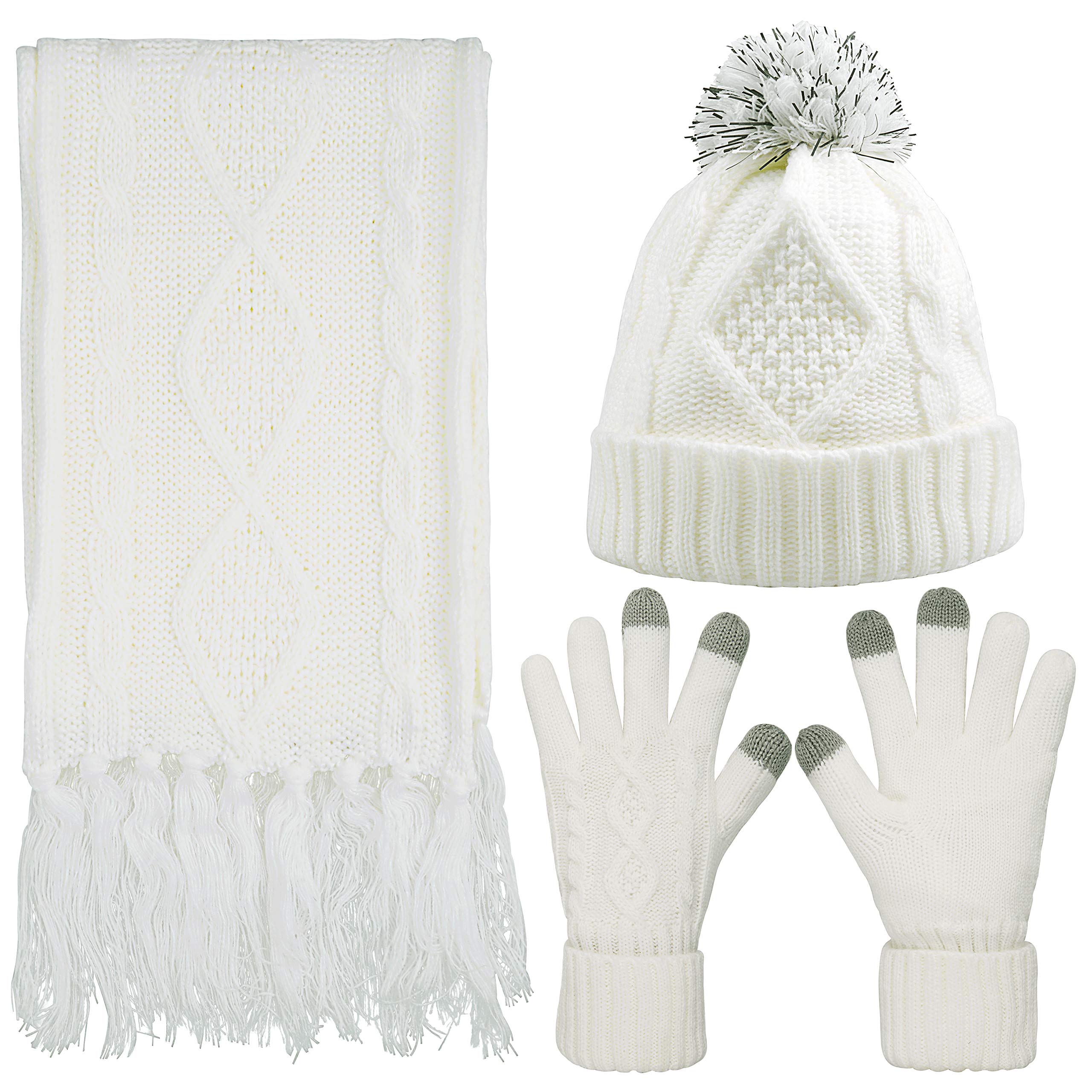 Scarf Hat Gloves Set Women Warm Knit Winter Gift Pom Beanie Touch Screen 3 Pcs (Cream white)