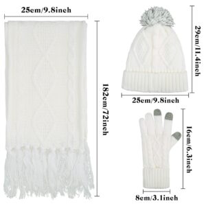 Scarf Hat Gloves Set Women Warm Knit Winter Gift Pom Beanie Touch Screen 3 Pcs (Cream white)