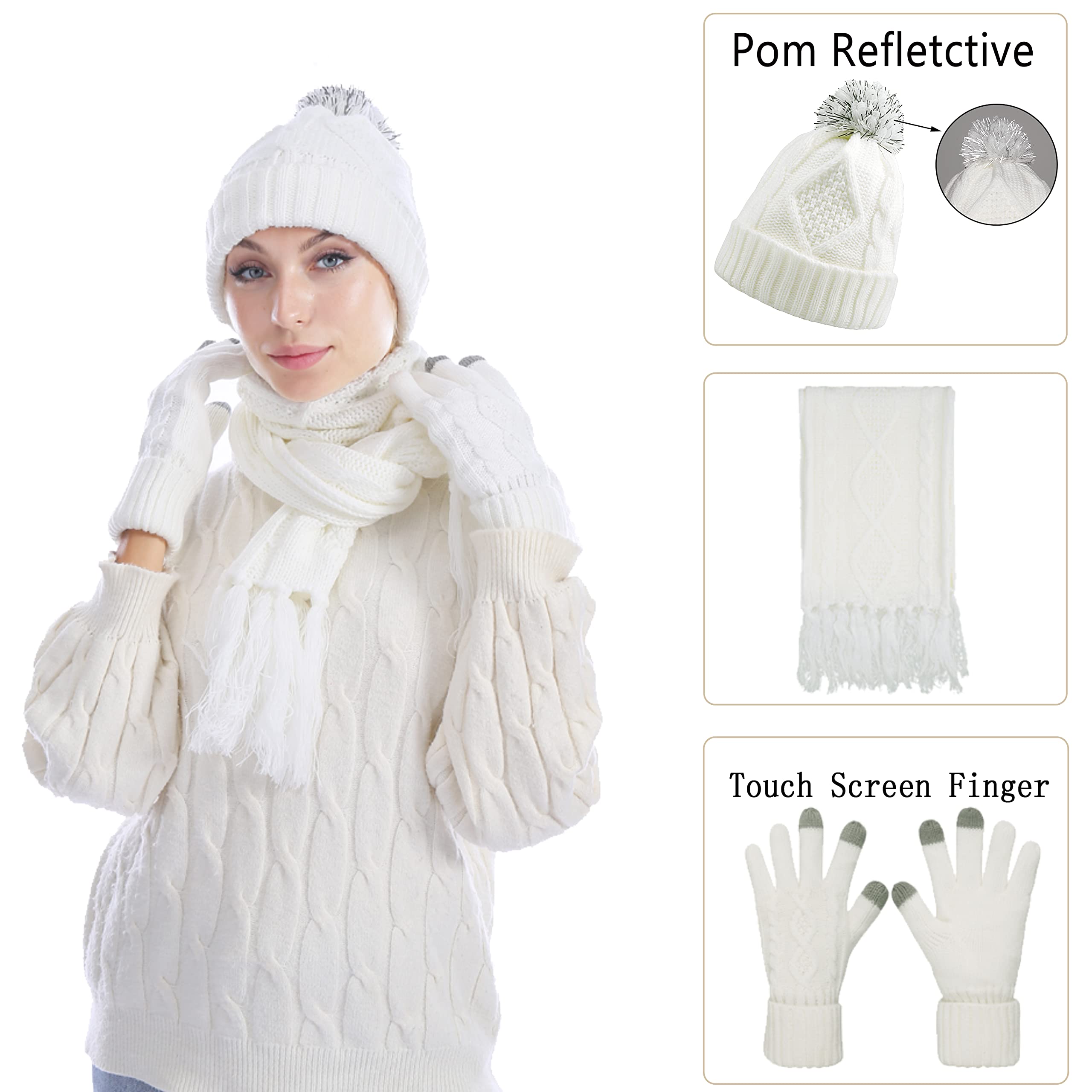 Scarf Hat Gloves Set Women Warm Knit Winter Gift Pom Beanie Touch Screen 3 Pcs (Cream white)