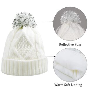 Scarf Hat Gloves Set Women Warm Knit Winter Gift Pom Beanie Touch Screen 3 Pcs (Cream white)