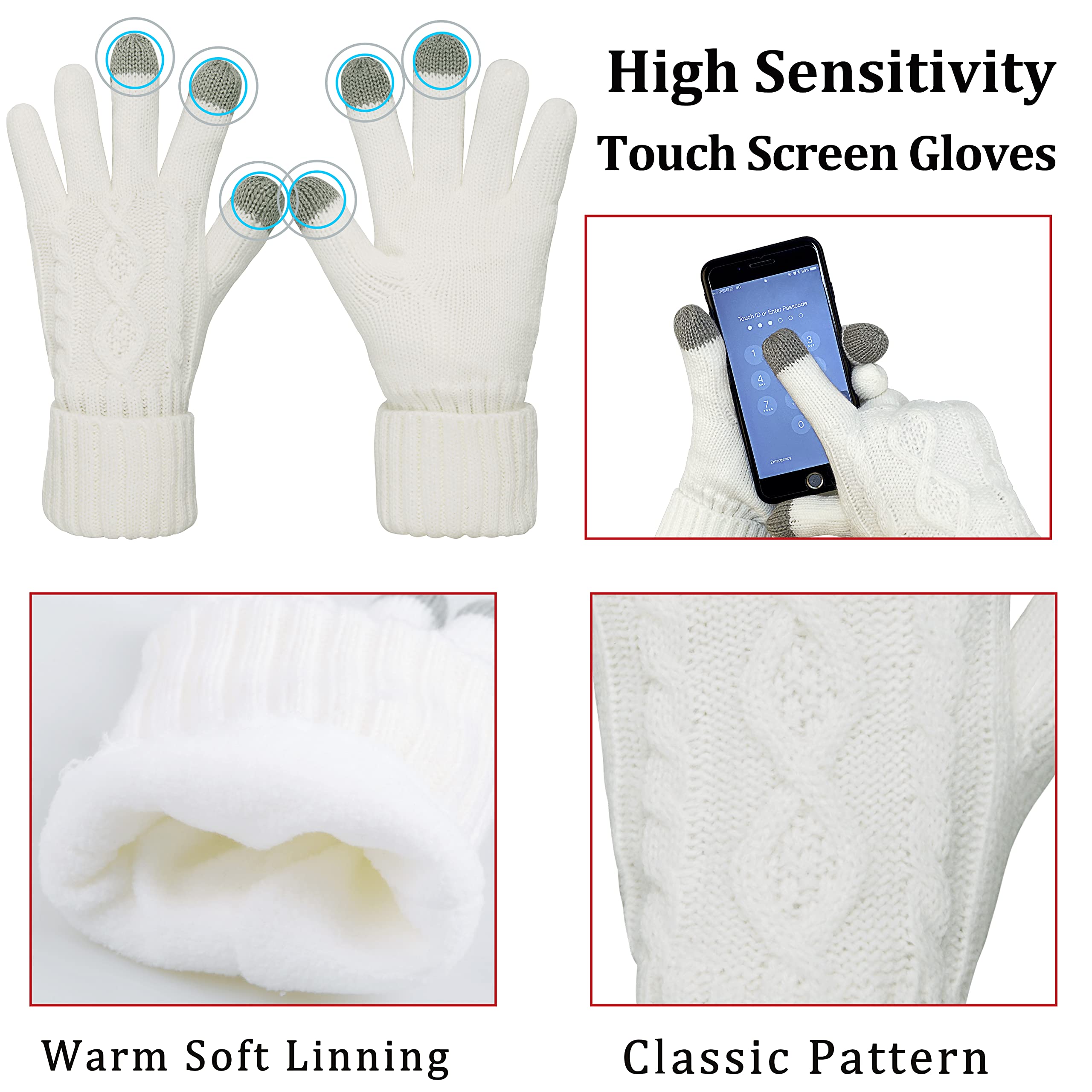 Scarf Hat Gloves Set Women Warm Knit Winter Gift Pom Beanie Touch Screen 3 Pcs (Cream white)