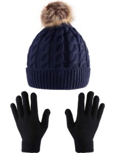 women's winter knitted beanie hat with faux fur pom slouchy hat and full finger knitted gloves (navy blue hat)