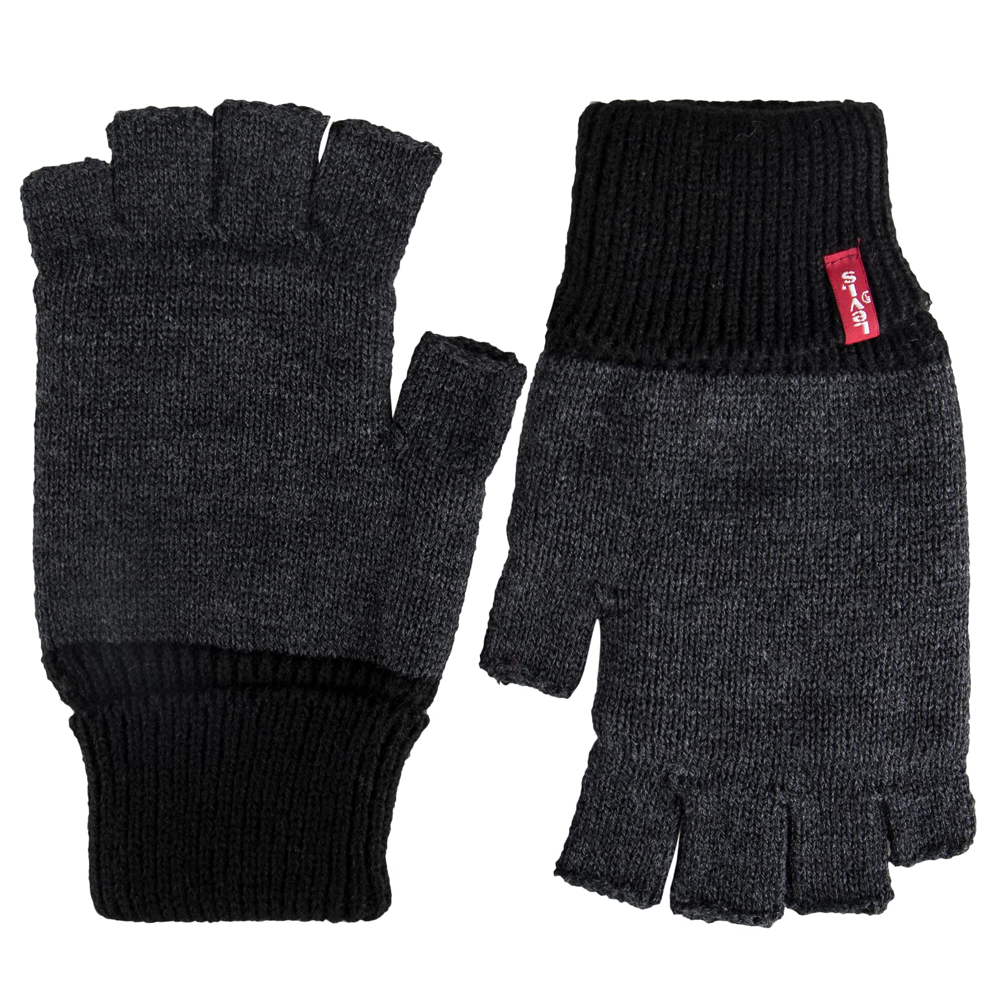 Levi's Men's Reversible Beanie with Fingerless Gloves Set, Charcoal/Black, One Size