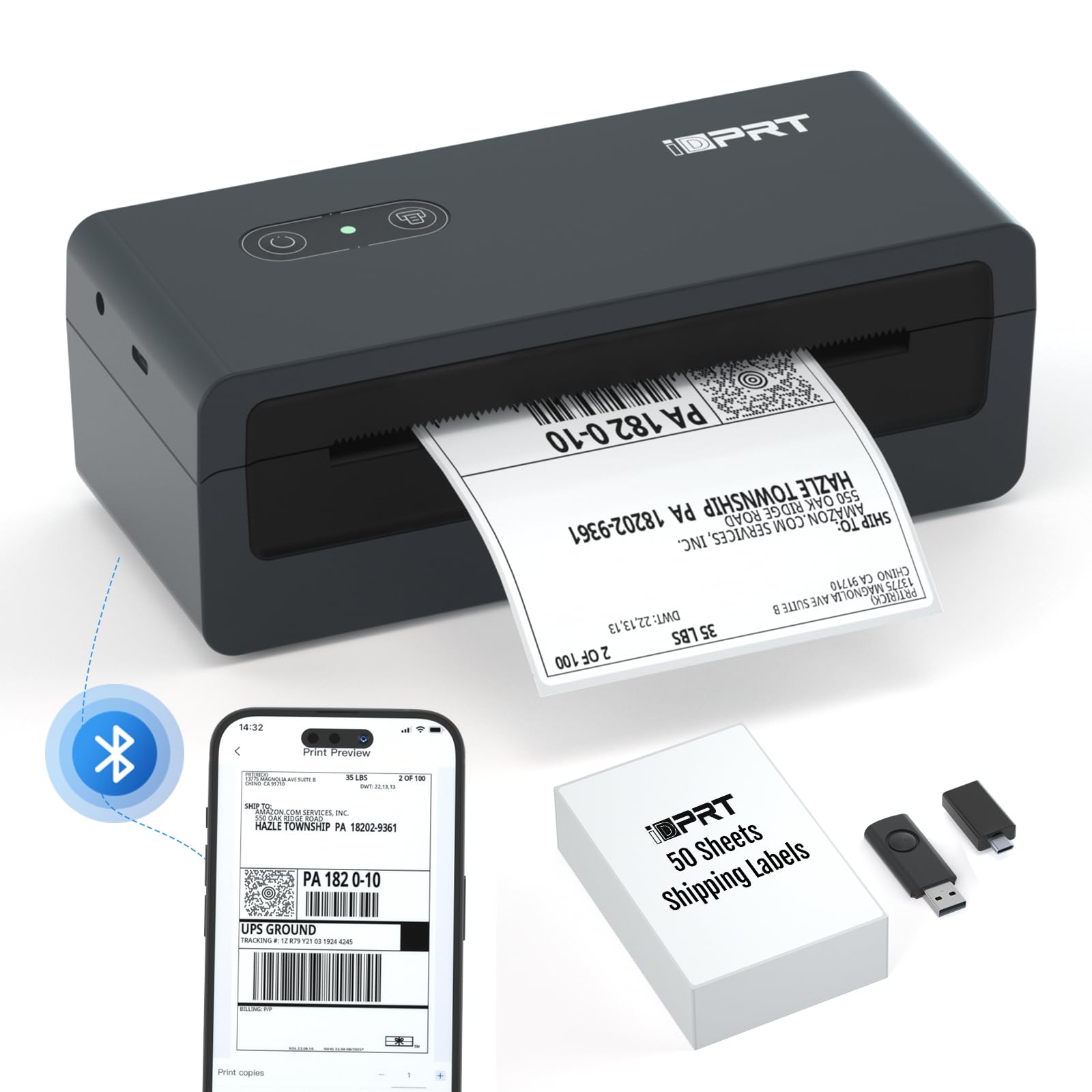 iDPRT Bluetooth Thermal Label Printer for Phone via APP, 4X6 Shipping Label Printer for Small Business and Shipping Package, Support USB for Windows, Mac, Used for Amazon, Shopify, Ebay, UPS, USPS