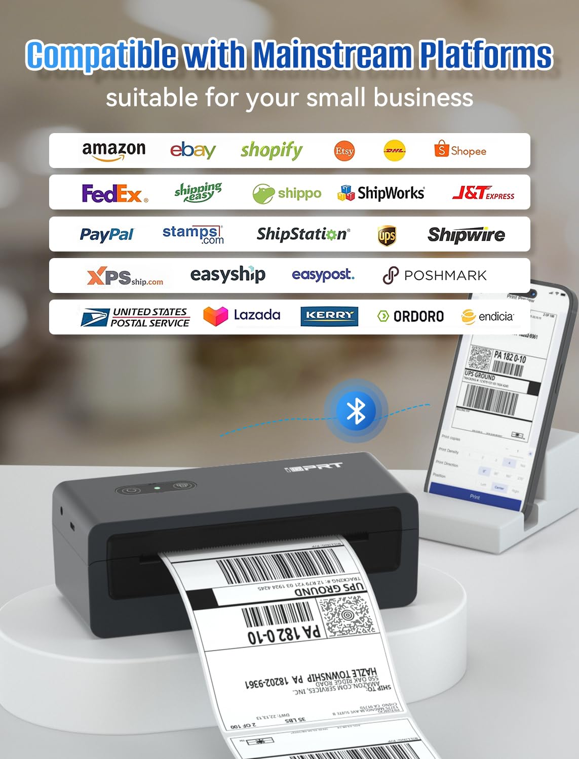 iDPRT Bluetooth Thermal Label Printer for Phone via APP, 4X6 Shipping Label Printer for Small Business and Shipping Package, Support USB for Windows, Mac, Used for Amazon, Shopify, Ebay, UPS, USPS