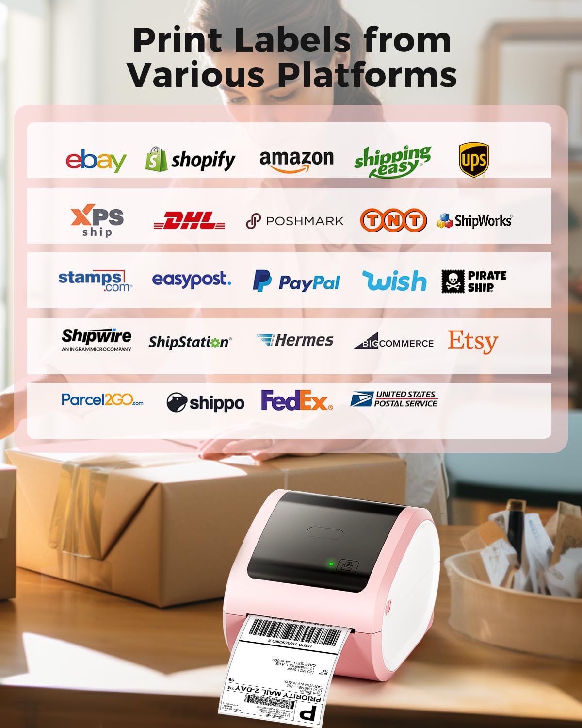 COLORWING Thermal Shipping Label Printer,D520 Bluetooth Thermal Label Printer for Small Business 4x6, Wireless Label Printer with A Label Bin Compatible with USPS,Amazon,Ebay,Etsy,Etc.(Pink)