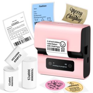 phomemo label maker -3inch pink label maker, upgrade portable bluetooth thermal label printer for small business, crafts, clothing, food ingredient, easy to intall, for phone&pc, with 3 roll paper set