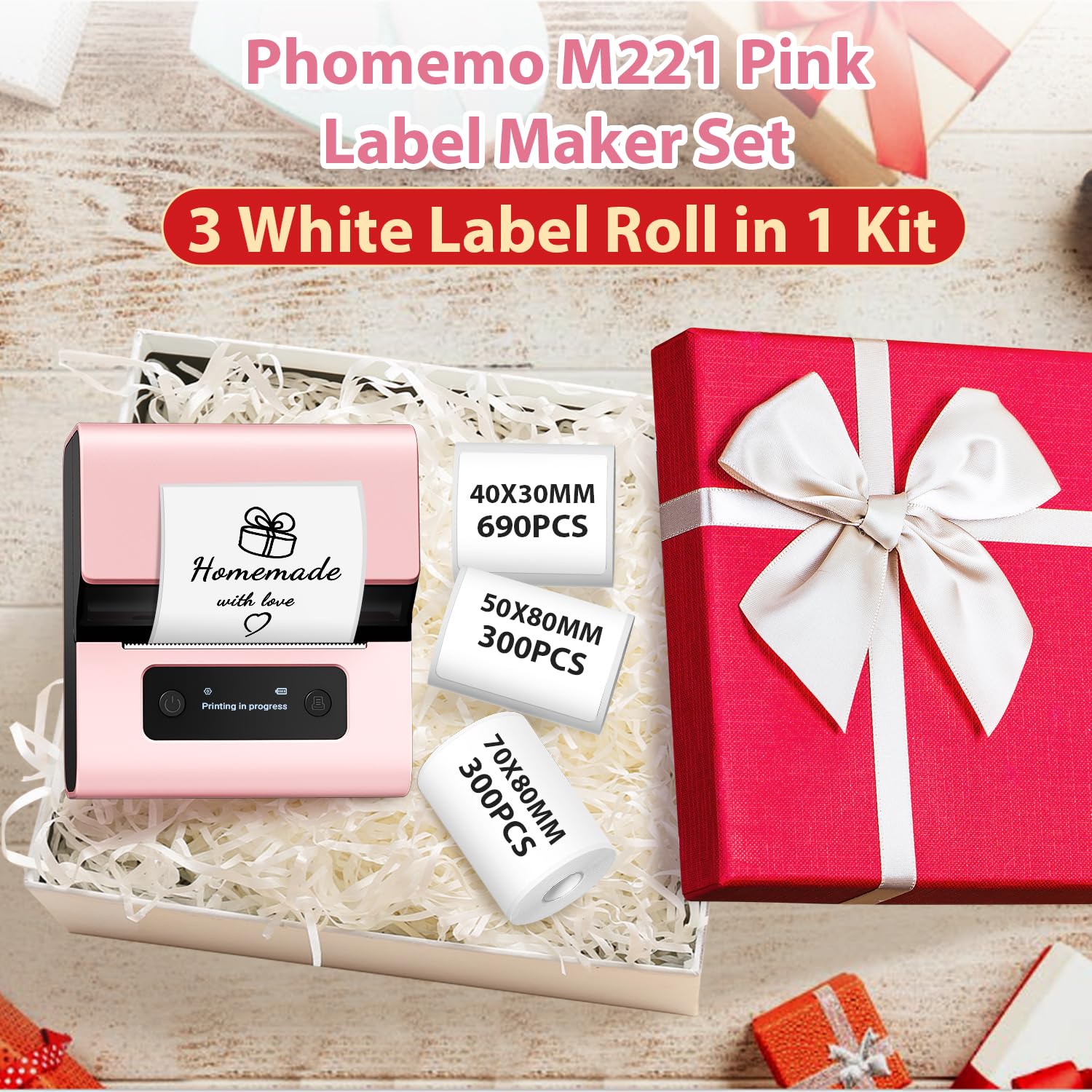 Phomemo Label Maker -3Inch Pink Label Maker, Upgrade Portable Bluetooth Thermal Label Printer for Small Business, Crafts, Clothing, Food Ingredient, Easy to Intall, for Phone&PC, with 3 Roll Paper Set