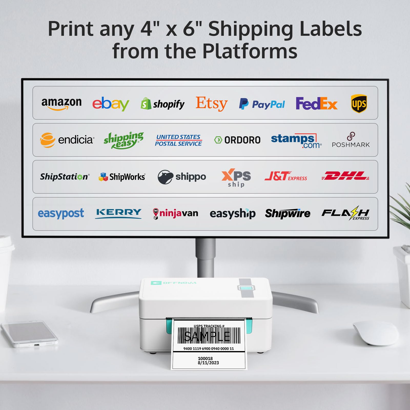 OFFNOVA Shipping Label Printer, Bluetooth Thermal Label Printer 4x6 for Small Business and Shipping Packages, Supports Windows Mac iOS Android, Works with USPS Ebay Shopify Etsy