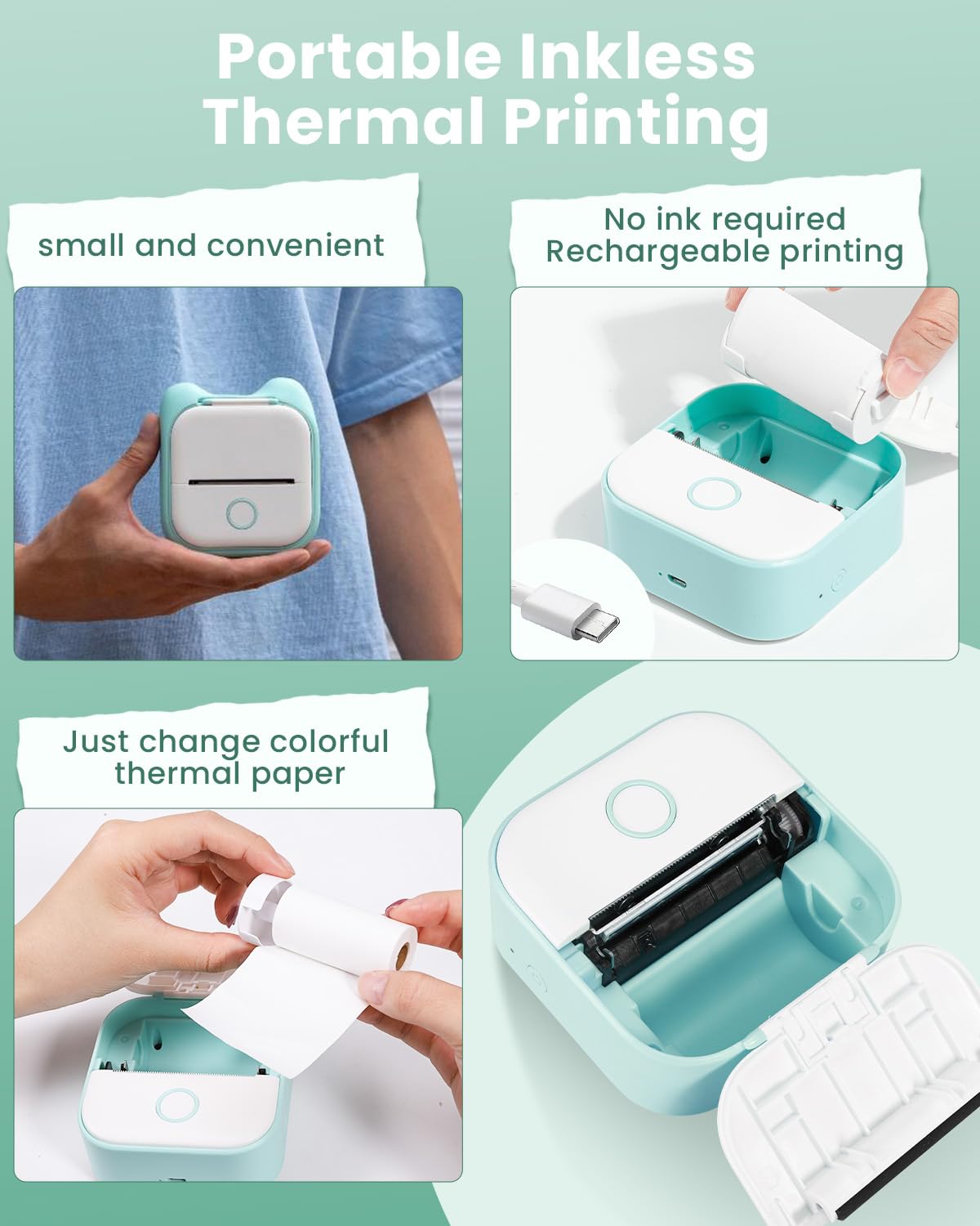 LabelCreate Mini Sticker Printer, T02 Portable Thermal Printer with 3 Rolls Paper, Pocket Sticker Printer Machine for kids,Study,DIY,School Notes