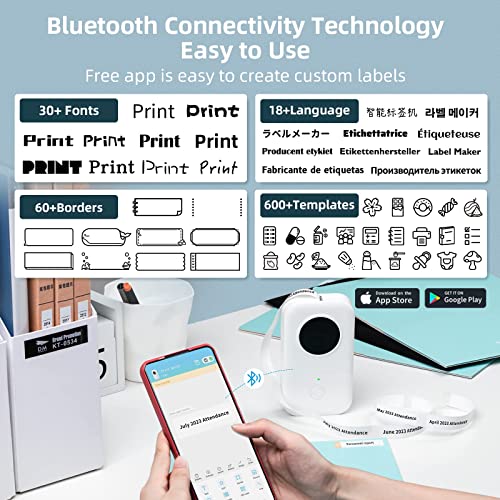 Memoqueen D30 Label Maker Machine with Tape - Bluetooth thermal Portable Mini Label Printer Labeler Sticker Maker Compatible with Phomemo D30 iOS&Android for home office organization,White