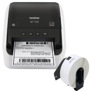 brother ql-1100 wide format wired thermal label printer, black - usb connectivity, 4" wide, 300 dpi, 69 labels per minute professional monochrome postage barcode, includes 1 roll of 400 address labels