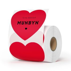 munbyn 3" heart thermal stickers, heart-shaped adhesive sticker labels, red love thermal labels for gift, wedding, anniversary, valentine's day, small business 400 labels/roll