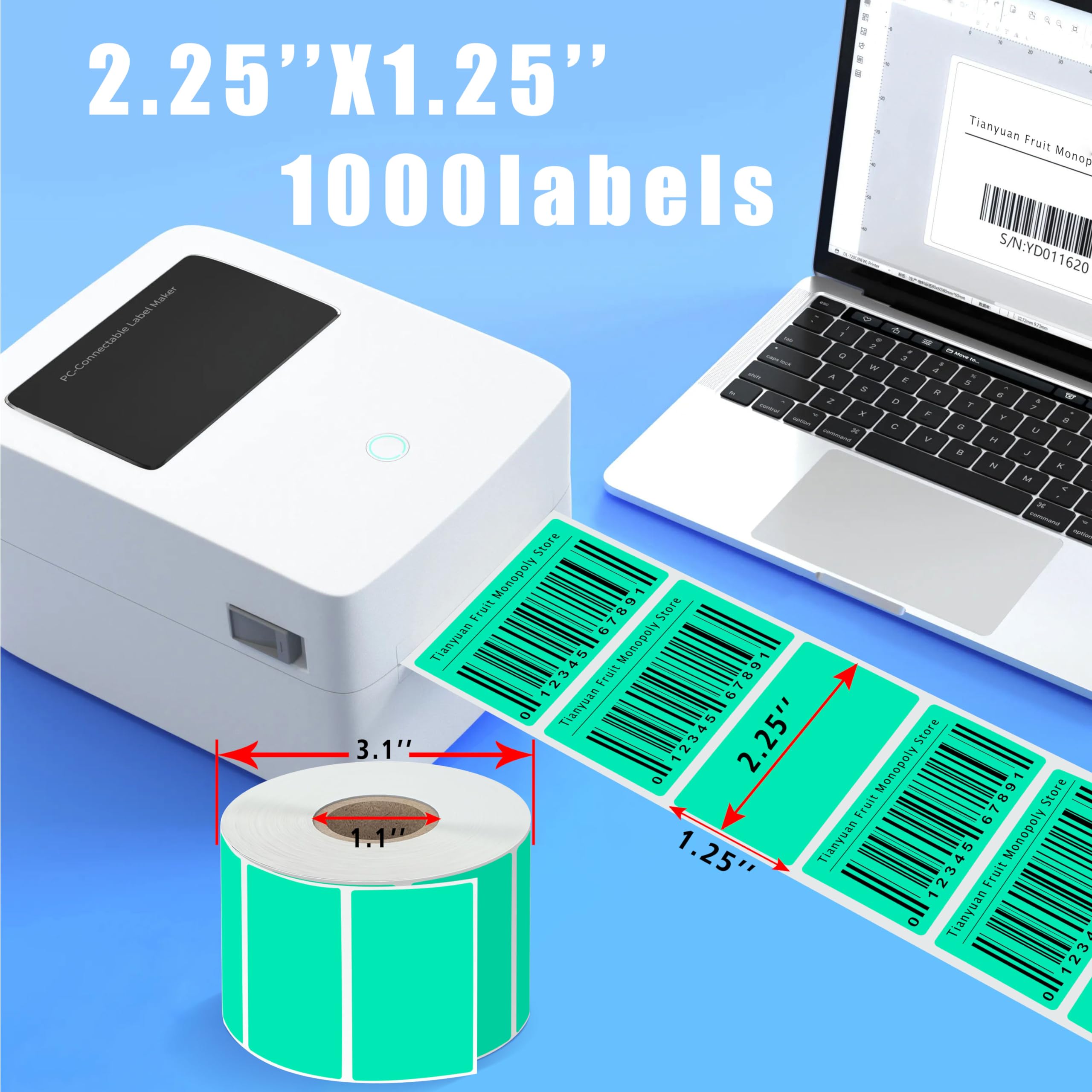 PARLAIM 2.25 X 1.25 Inch Thermal Sticker Labels, 1000PCS Commercial Grade Square Aqua Direct Thermal Printing Paper Compatible with MUNBYN & Rollo & Zebra Desktop Printers