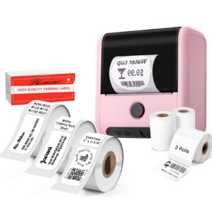 memoking m200 label maker set with 3 rolls 1" x 2-5/8" thermal label, 3 inch barcode label printer, sticker maker machine for labeling, mailing, home, office & small business, for phones&pc-pink