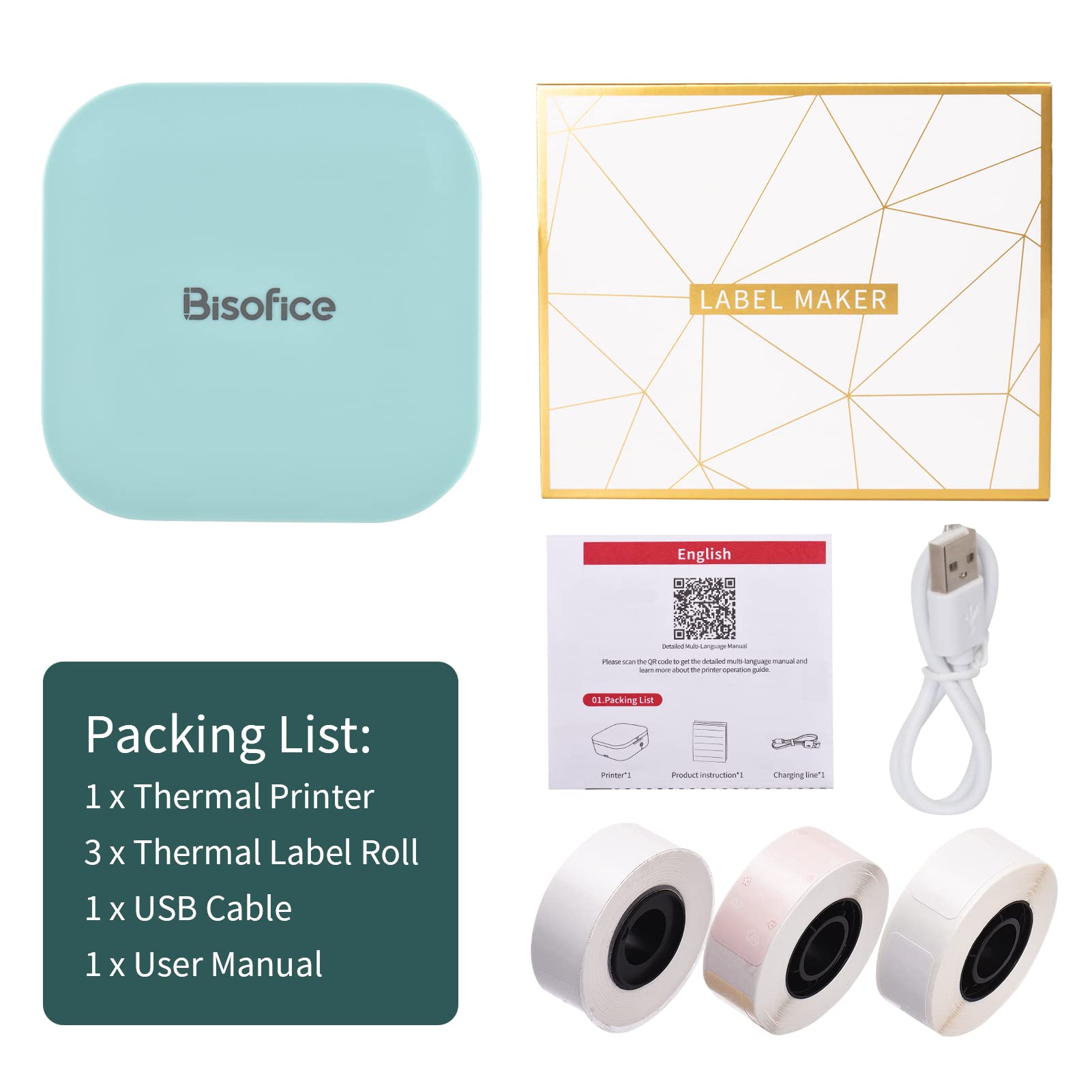 Bisofice Q30 Label Maker Machine with Tape, Mini Label Maker with 3 Rolls Label Tape, Portable Wireless Connection Bluetooth Label Printer Labeler, Compatible with iOS Android