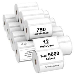 avenemark 12 rolls 4" x 2" direct thermal labels for barcodes postage address shipping labels compatible with rollo & zebra desktop printers adhesive - 750 labels/roll