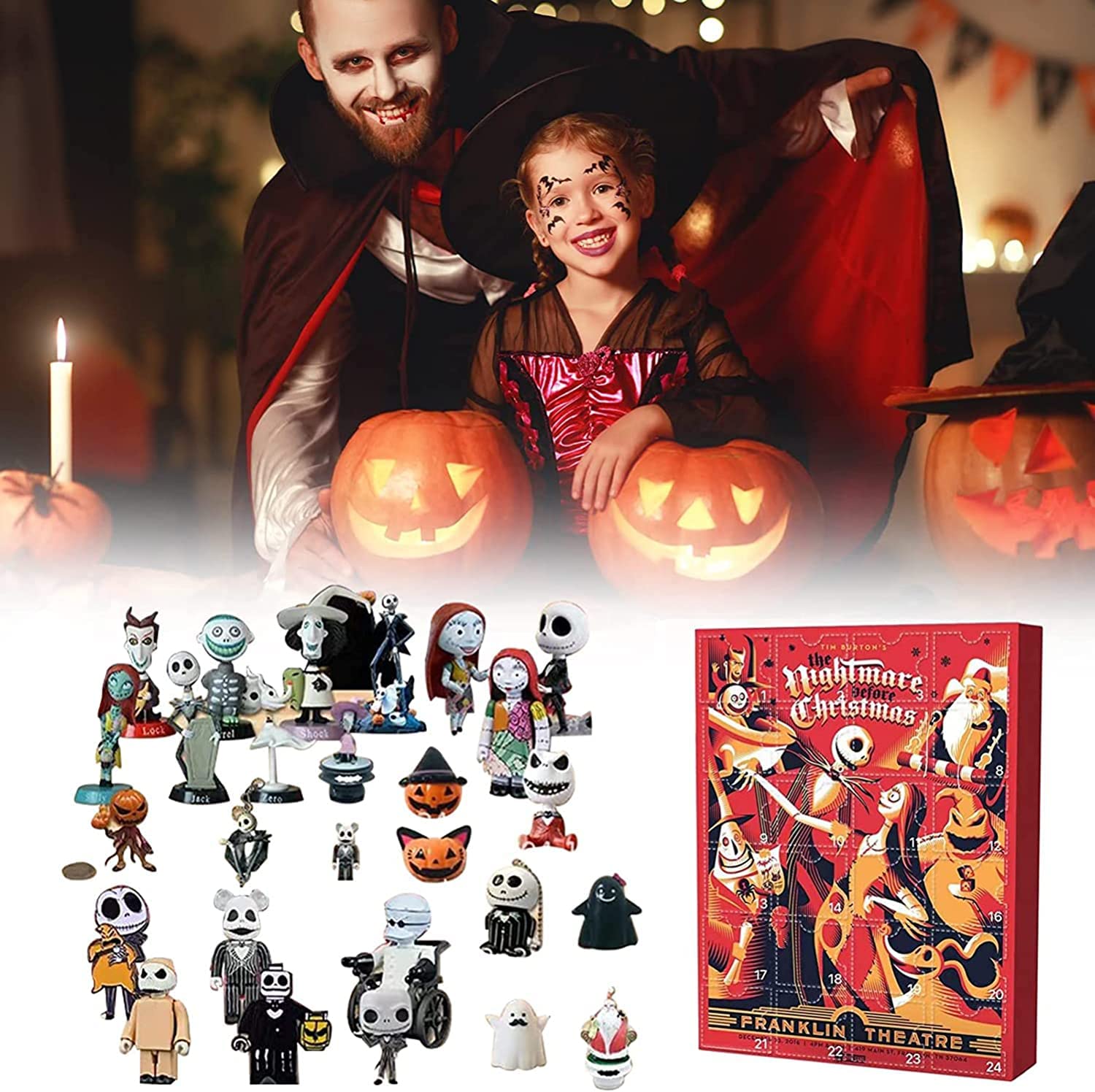 Halloween Advent Calendar Contains 24 Gifts Dolls, 2024 Halloween Thanksgiving Horror Figures Advent Calendar, Christmas Countdown Calendar with Collectible Figures Toys (A)