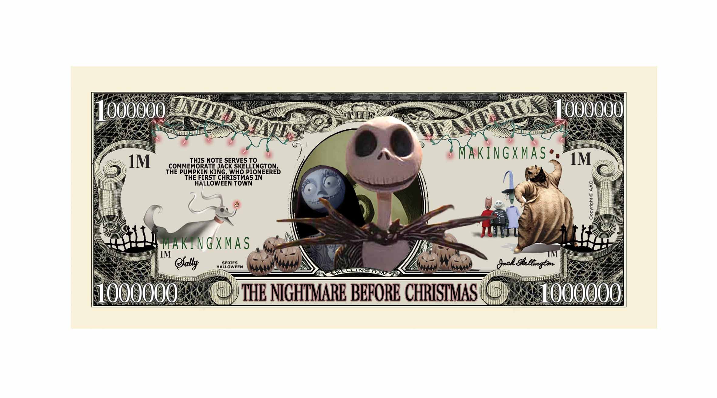 Nightmare Before Christmas Million Dollar Bill - Pack of 5 - Limited Edition Collectible Bill - Jack Skellington - Pumpkin King