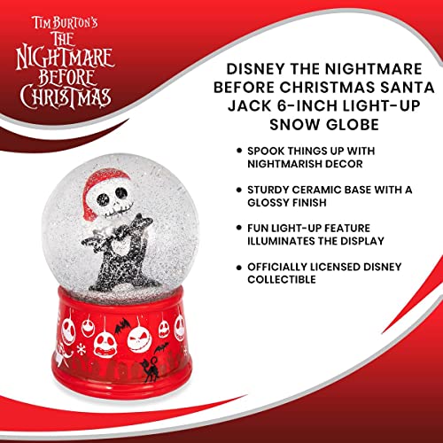 Disney The Nightmare Before Christmas Santa Jack Skellington 6-Inch Light-Up Snow Globe with Swirling Glitter Display Piece Keepsake | Home Decor for Kids Room Essentials | Tim Burton