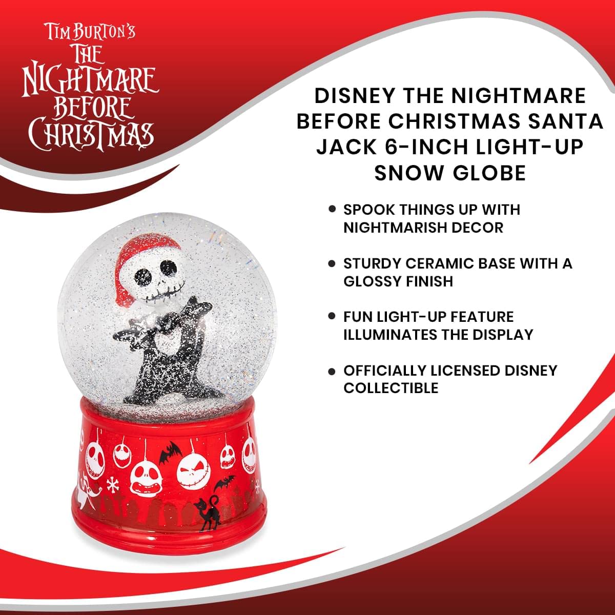 Disney The Nightmare Before Christmas Santa Jack Skellington 6-Inch Light-Up Snow Globe with Swirling Glitter Display Piece Keepsake | Home Decor for Kids Room Essentials | Tim Burton