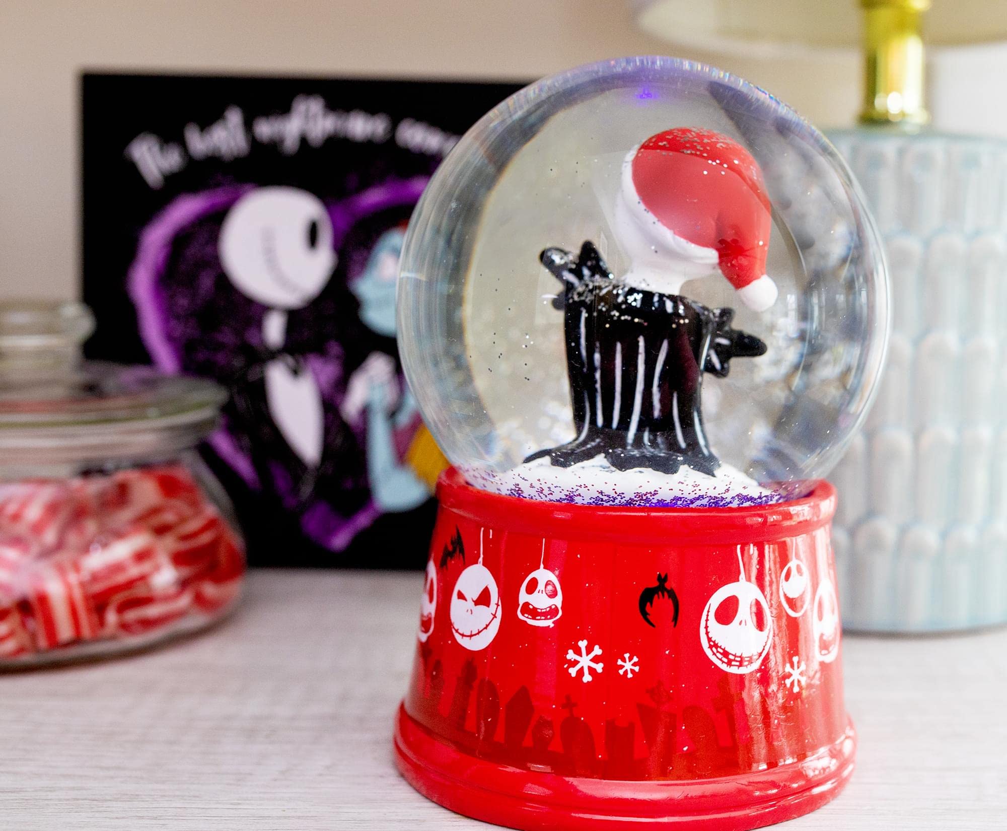 Disney The Nightmare Before Christmas Santa Jack Skellington 6-Inch Light-Up Snow Globe with Swirling Glitter Display Piece Keepsake | Home Decor for Kids Room Essentials | Tim Burton