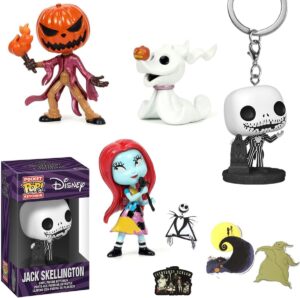 snaketown jack figure nightmare before christmas pumkin creature skellington pack bundled with disney sally & zero + nbx fright icon pop! hanger 4 items