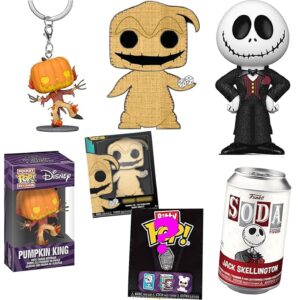 skull jack nightmare before christmas figure bundled with scary king skellington soda wild can + 3d icon oogie boogie pop! pin! + halloweentown fright bitty character! 4 items