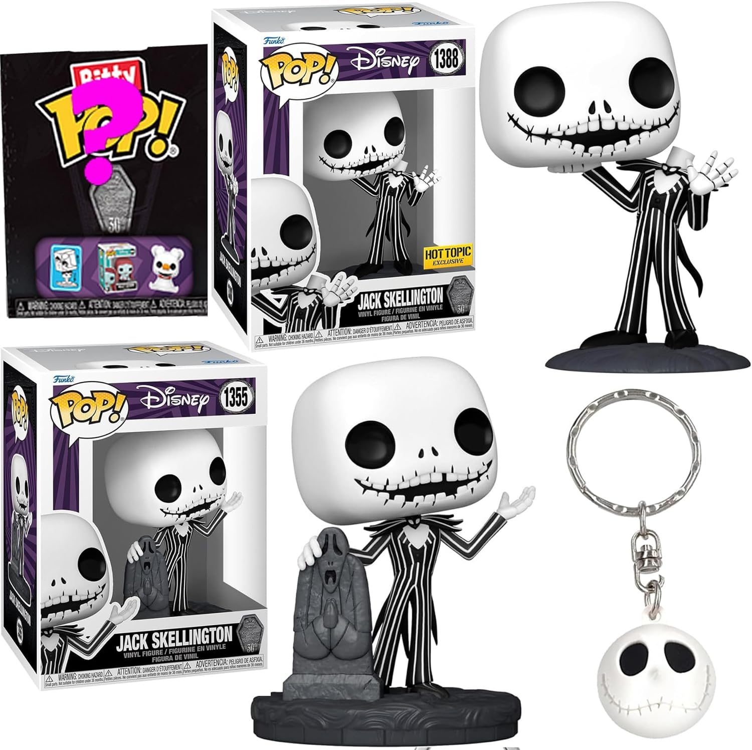 Jack's Nightmare Before Christmas Pop Figure Bundled with Jack Skellington Vinyl Exclusive + Hanger + Master Fright Gravestone + Blind Box Halloweentown Mini Bitty Pop! 4-Items